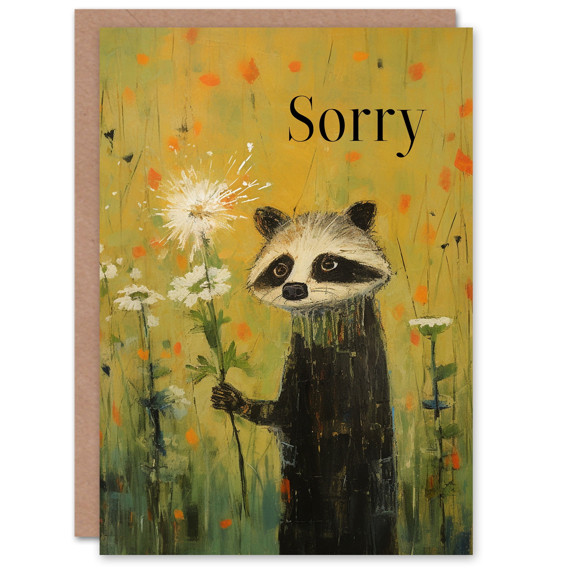 Apology Card Fun Sorry Racoon Holding Daisy Flower Oil Painting Blank ...
