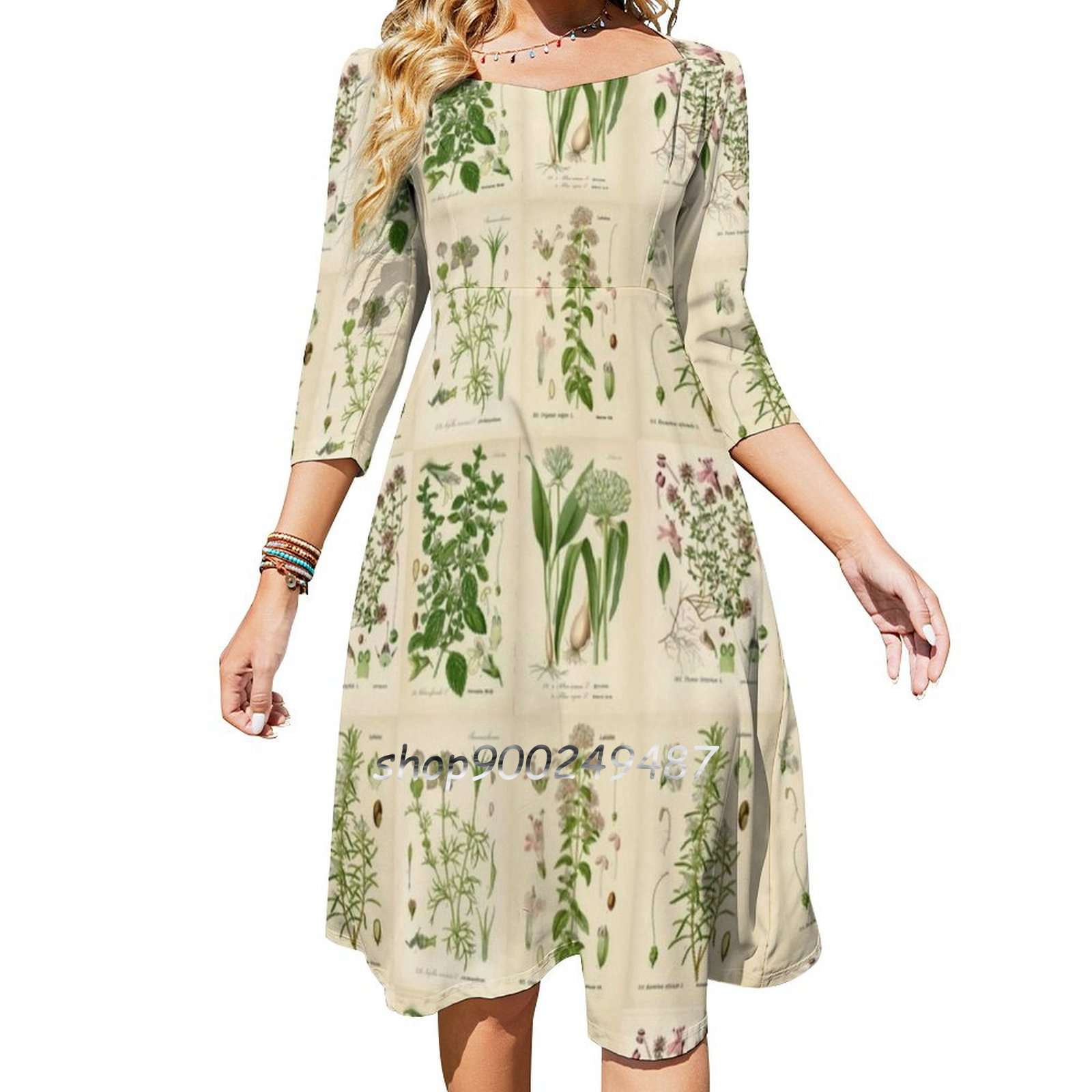 Apothecary Herbs Vintage Botanical Plants Cottagecore Square Neck Dress ...