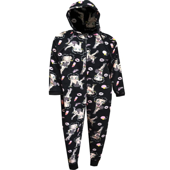 Apparel Connection LLC Womens Betty Boop Black Plush Hooded Onesie ...