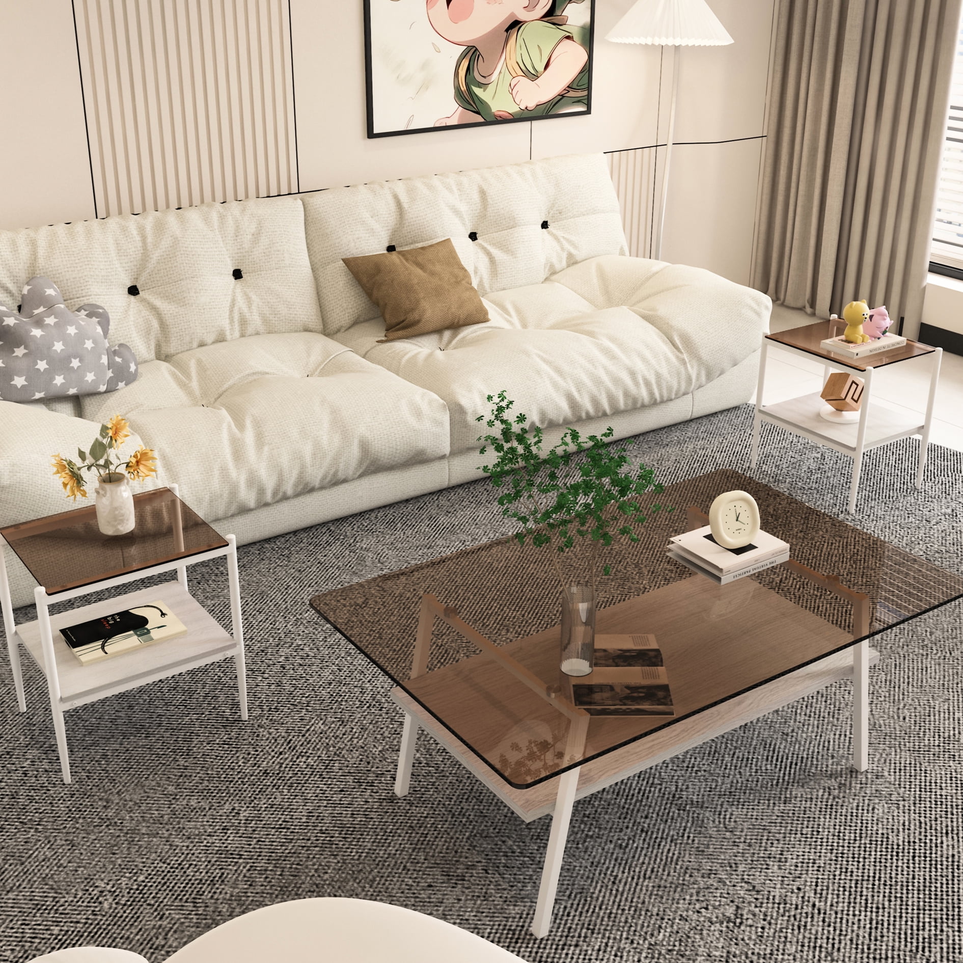 Appealing Living Room Table Collection, Tempered Glass And , 3 , Brown ...
