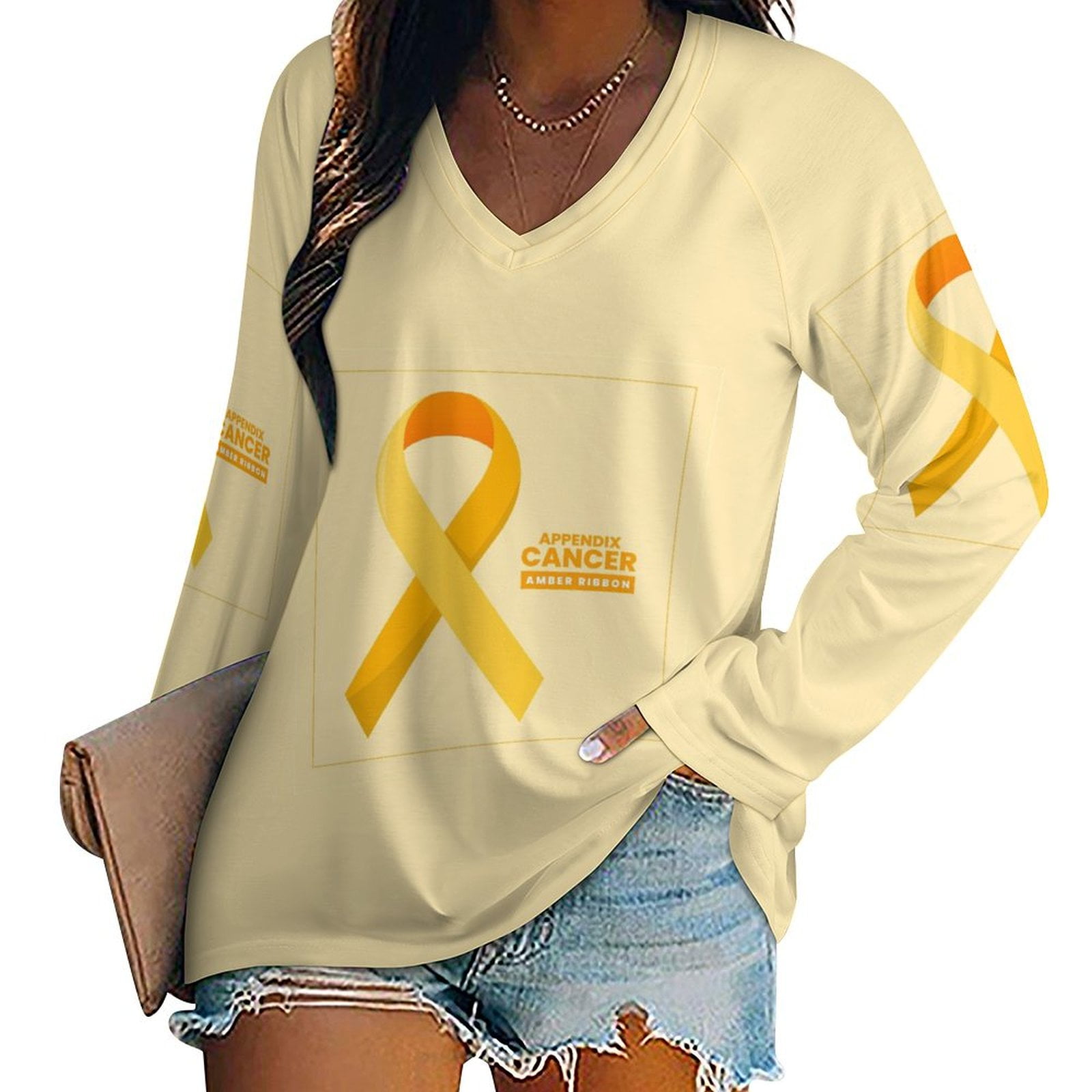 Appendix Cancer Awareness Women's Long Sleeve Shirts Casual V Neck Tops ...
