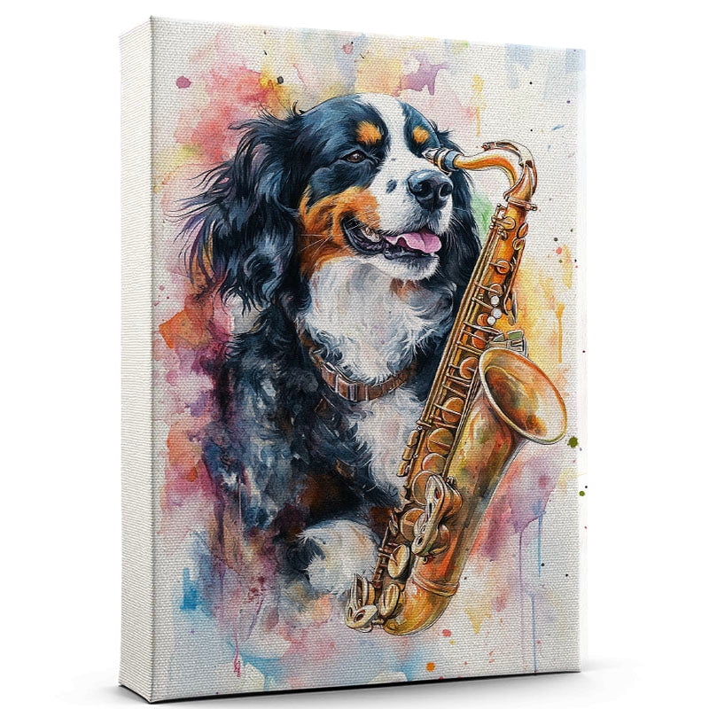 Appenzeller Sennenhund Dog Playing Saxophone Wall Stretched Canvas Size ...