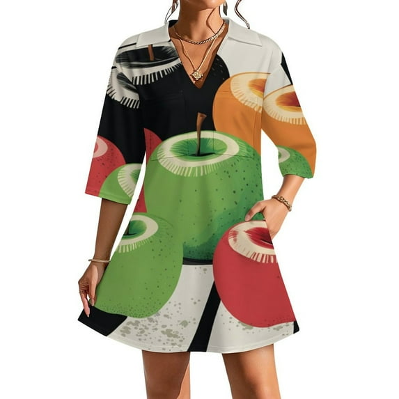 Apple Art Prints Womens Dress With Pockets Summer V Neck 3/4 Sleeve ...