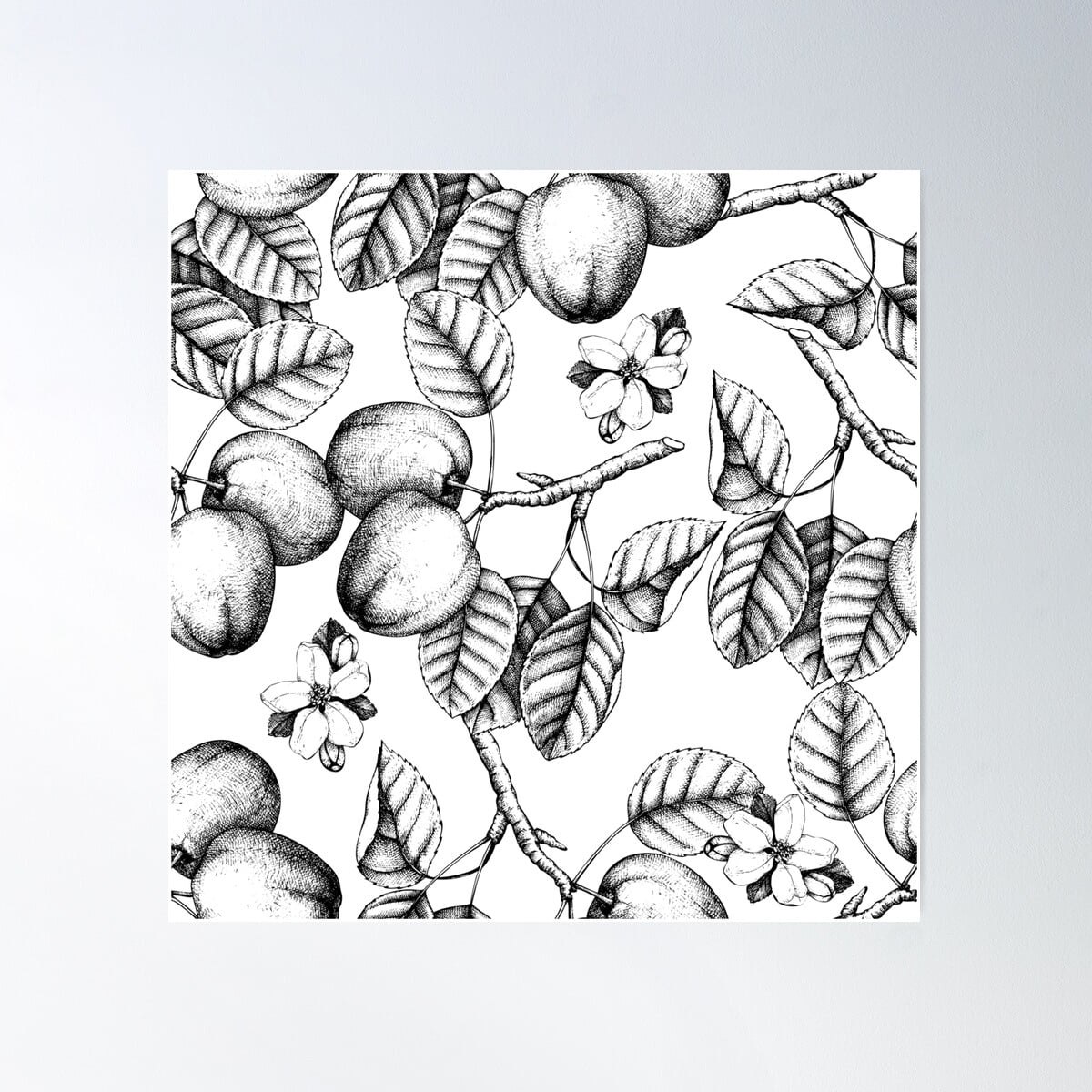 Apple Blossom Ink (Bw) Pattern Poster Wall Art, Modern Wall Decor For ...