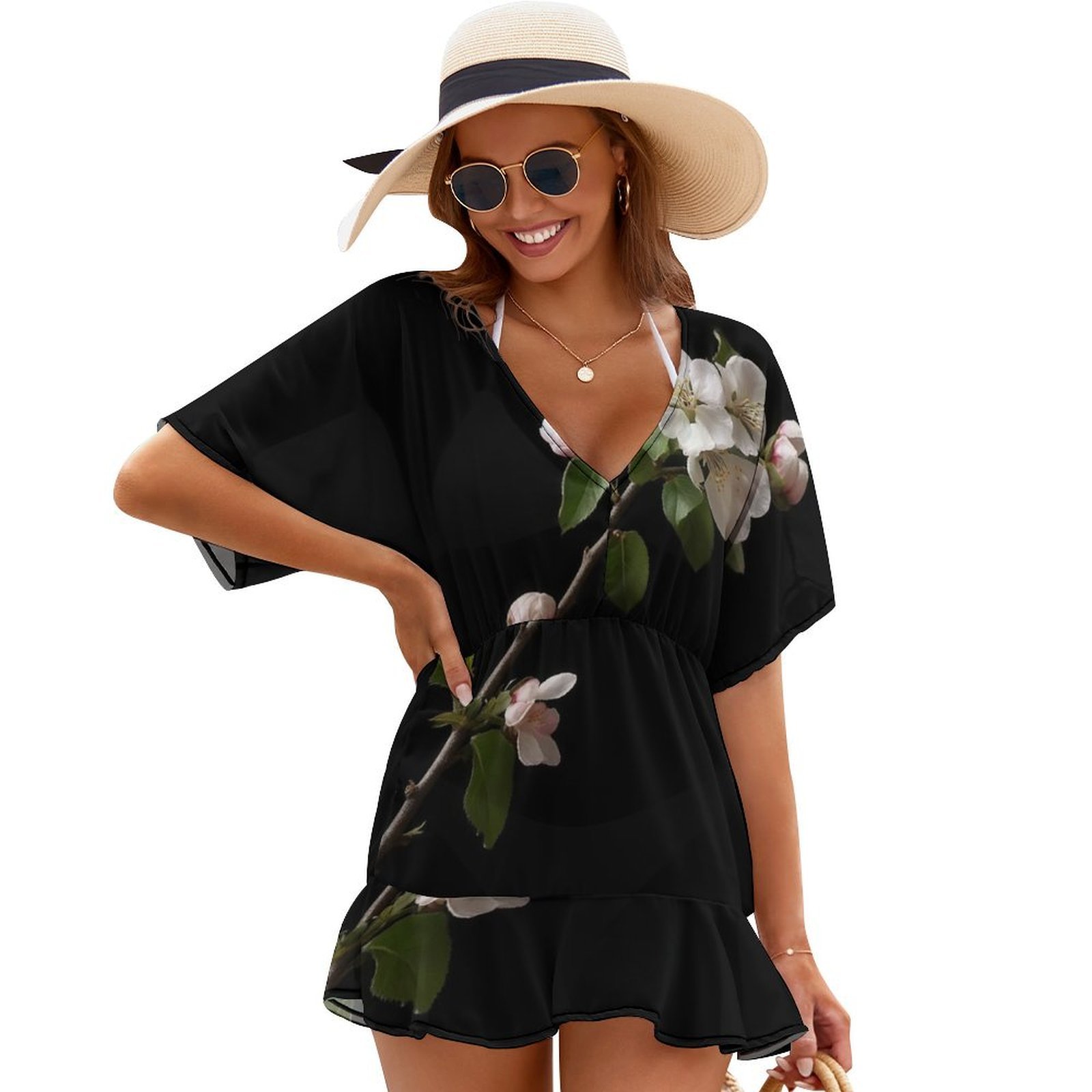 Apple Blossoms Dark Background Beauty Beach Cover Ups Women V Neck ...