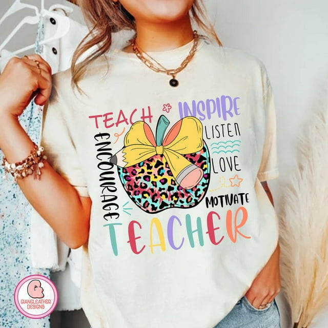 Apple Bow Teacher T-Shirt, Leopard Print Back to School Tee, Retro ...