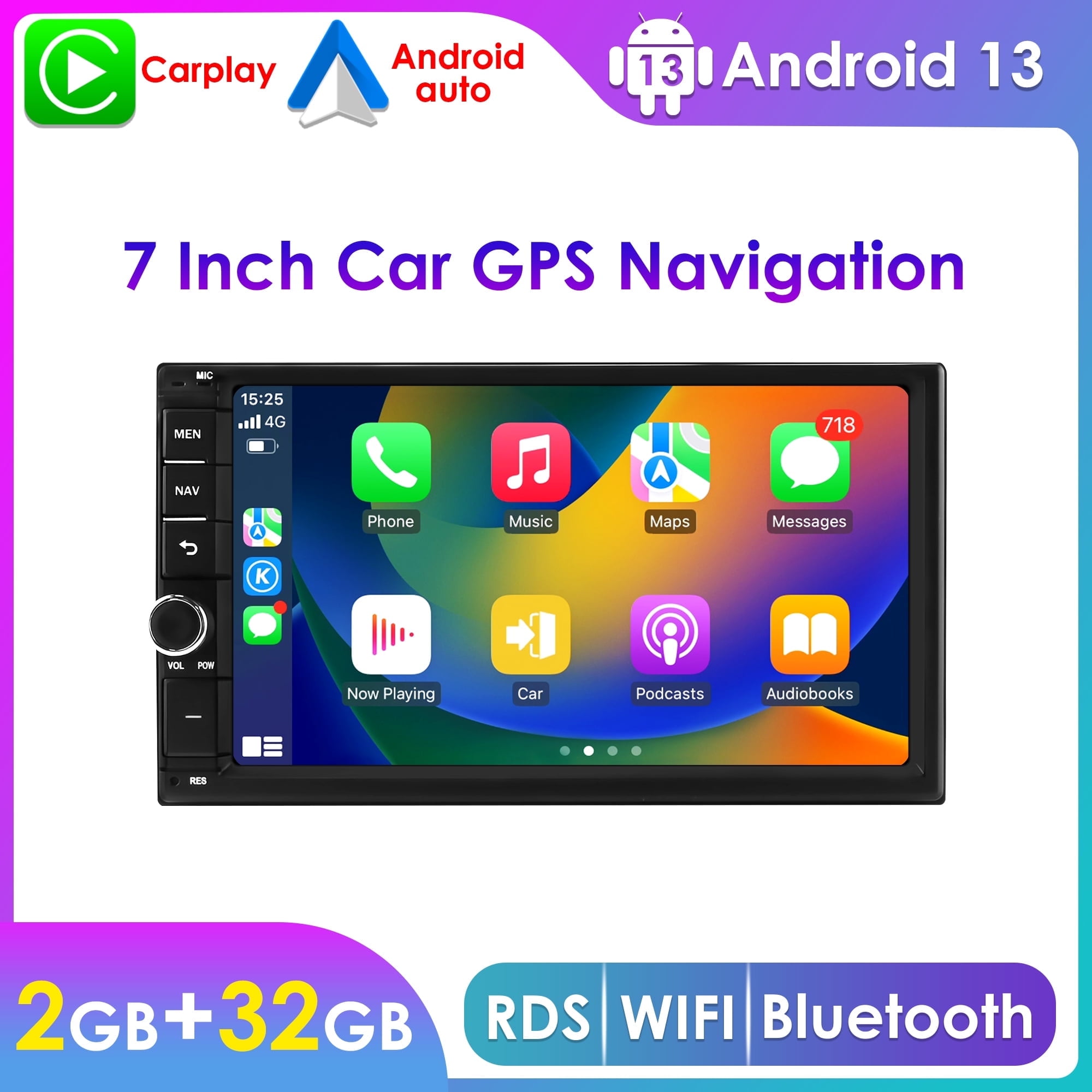 Apple Carplay Android Auto 2+32GB Bluetooth 7" Touch Screen Double Din ...