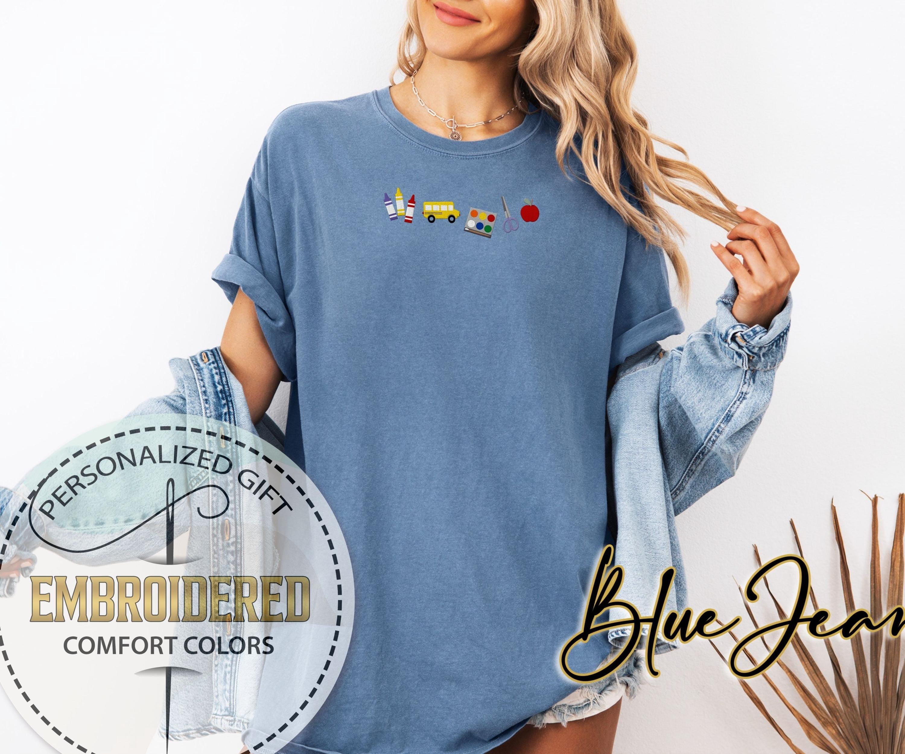 Apple Crayon Bus Scissors Shirt, Embroidered Back To School Tee, Tee ...