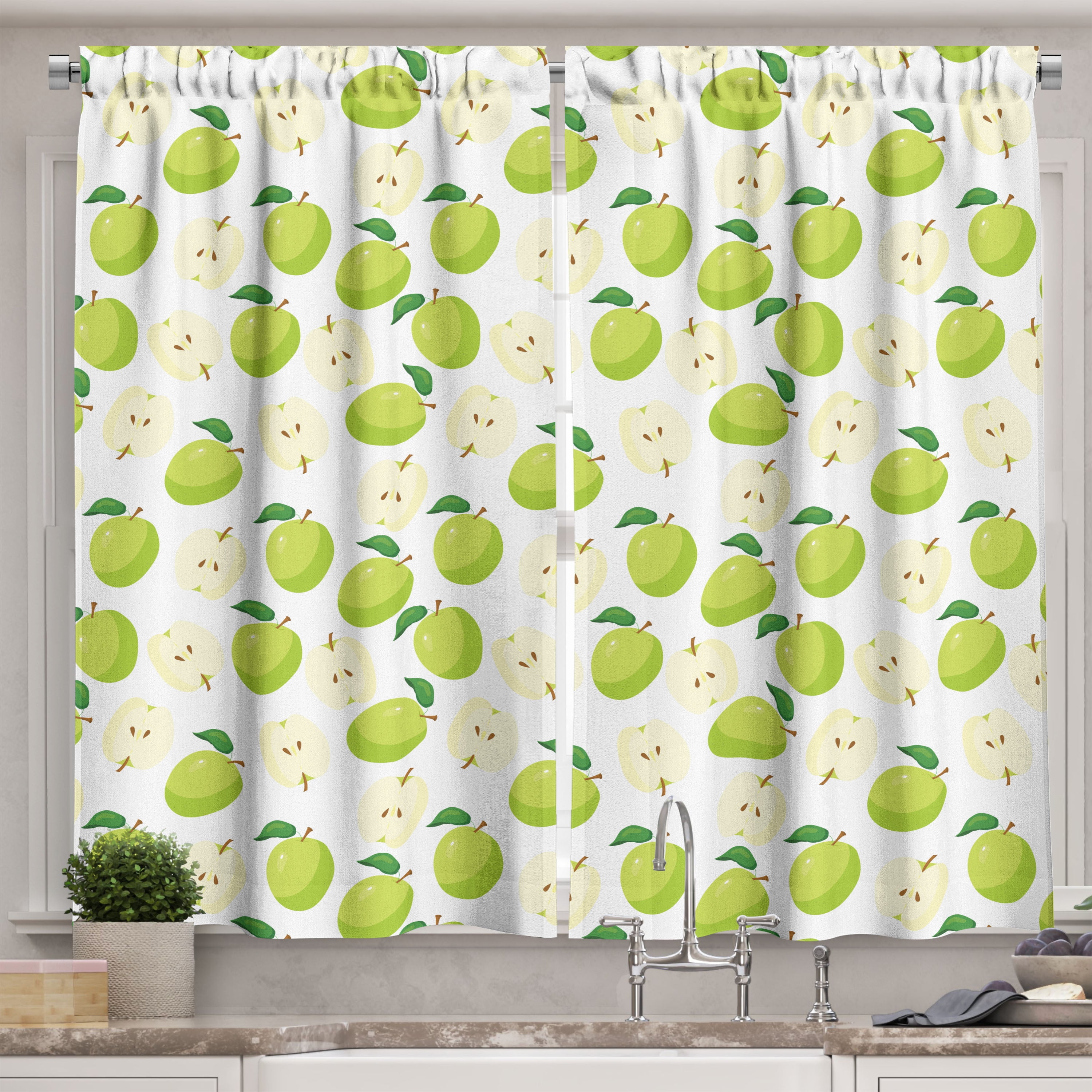 Apple Curtains 2 Panels Set, Cartoon Style Green Fruits Stalks Core and ...