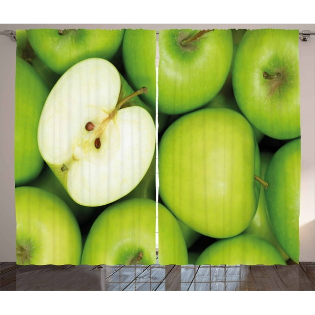 Apple Curtains 2 Panels Set, Realistic Looking Pile of Green Apples ...