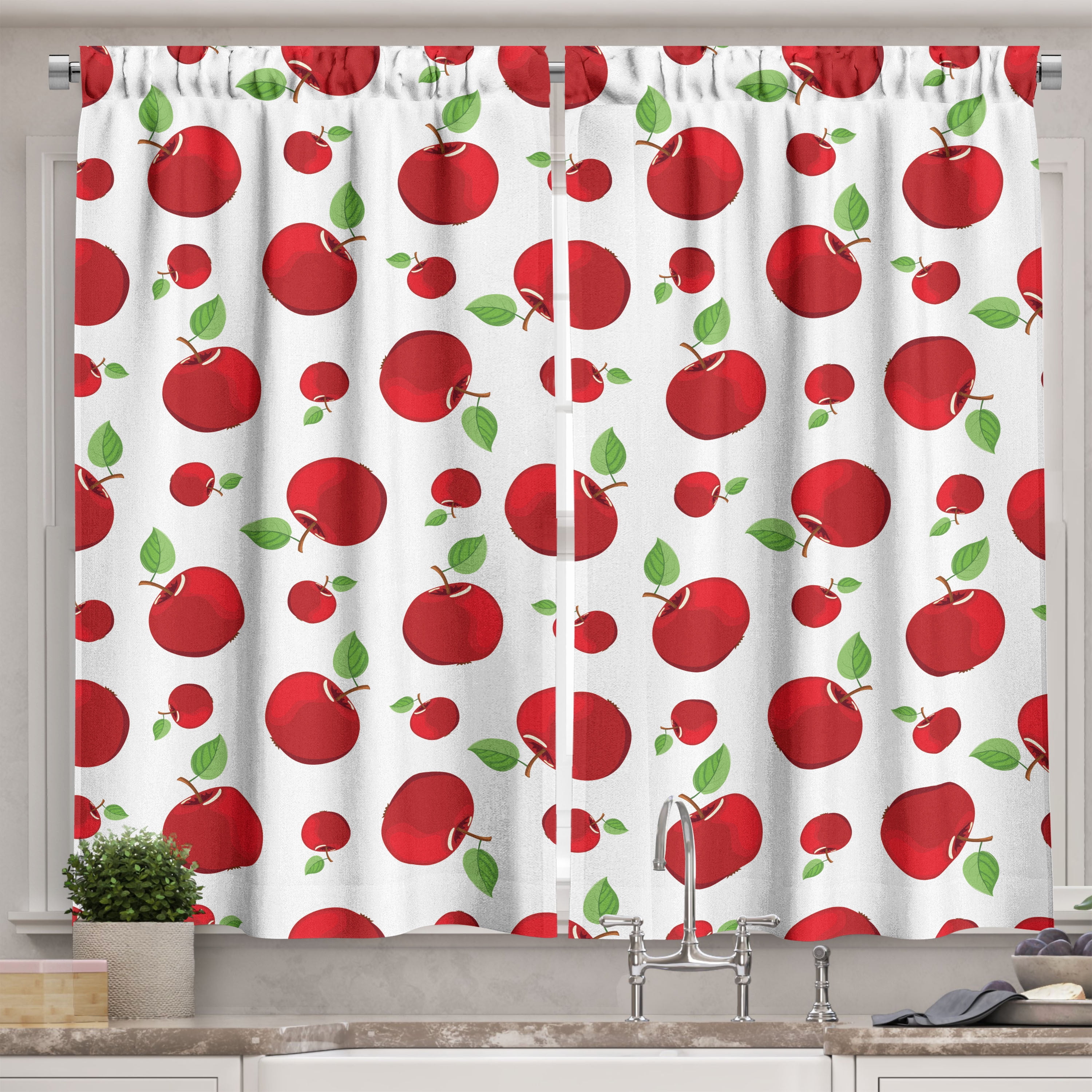 Apple Curtains 2 Panels Set, Vivid Colored Cartoon Style Ripe Red ...