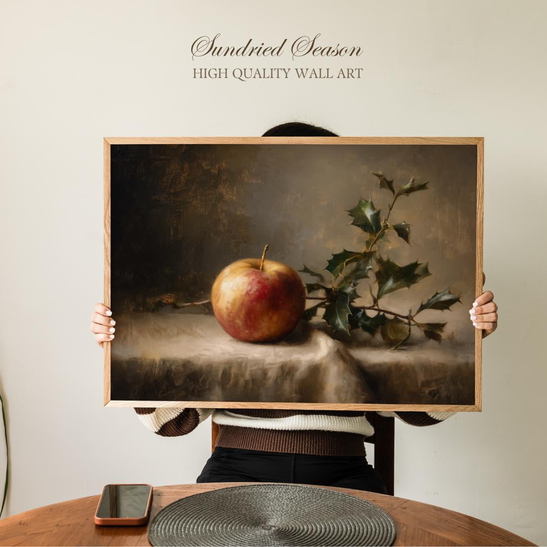 Apple And Holly Still Life Print, Vintage Kristmas Tscene, Moody Fine ...