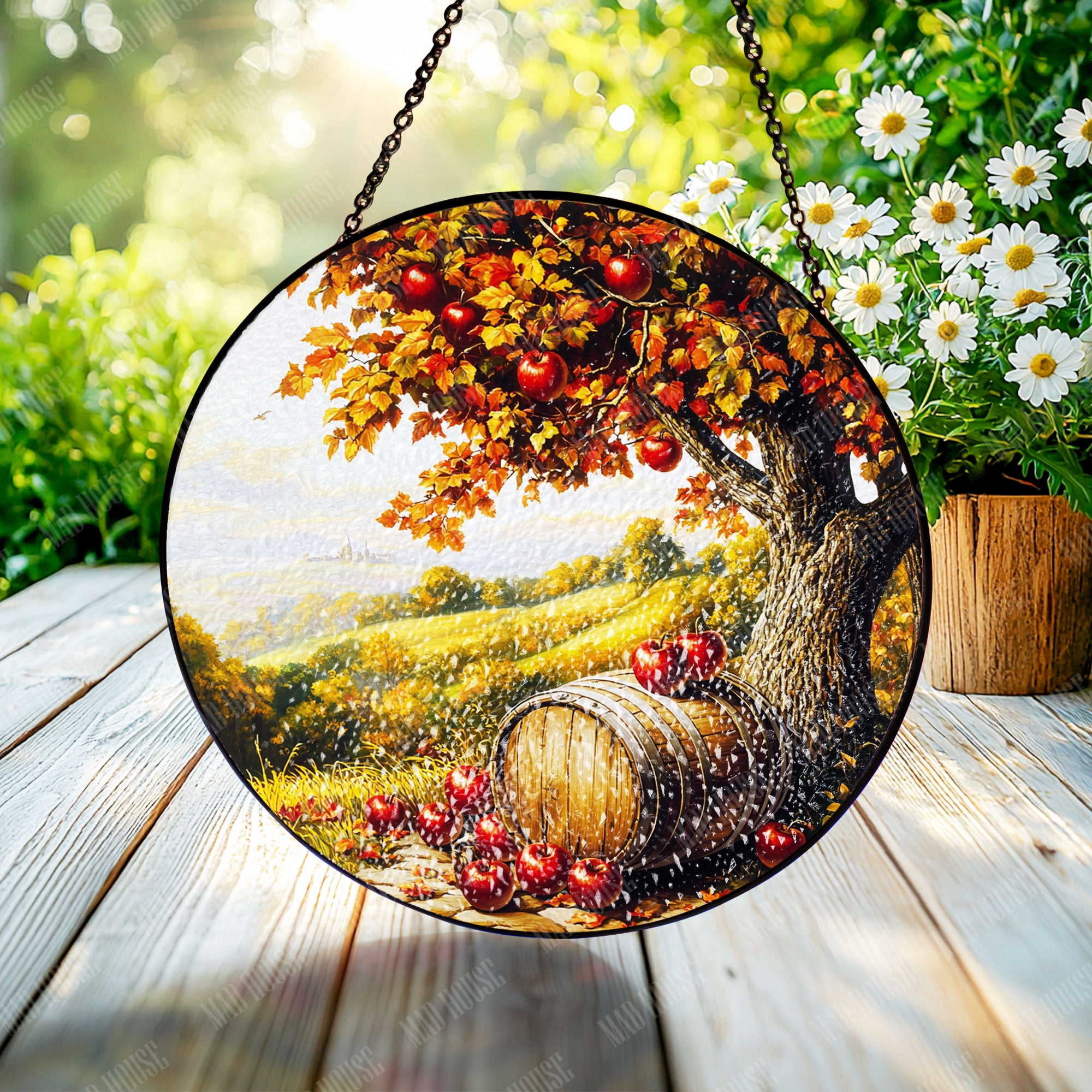 Apple Orchard Stained Glass Window Hanging, Rustic Farm Scene ...