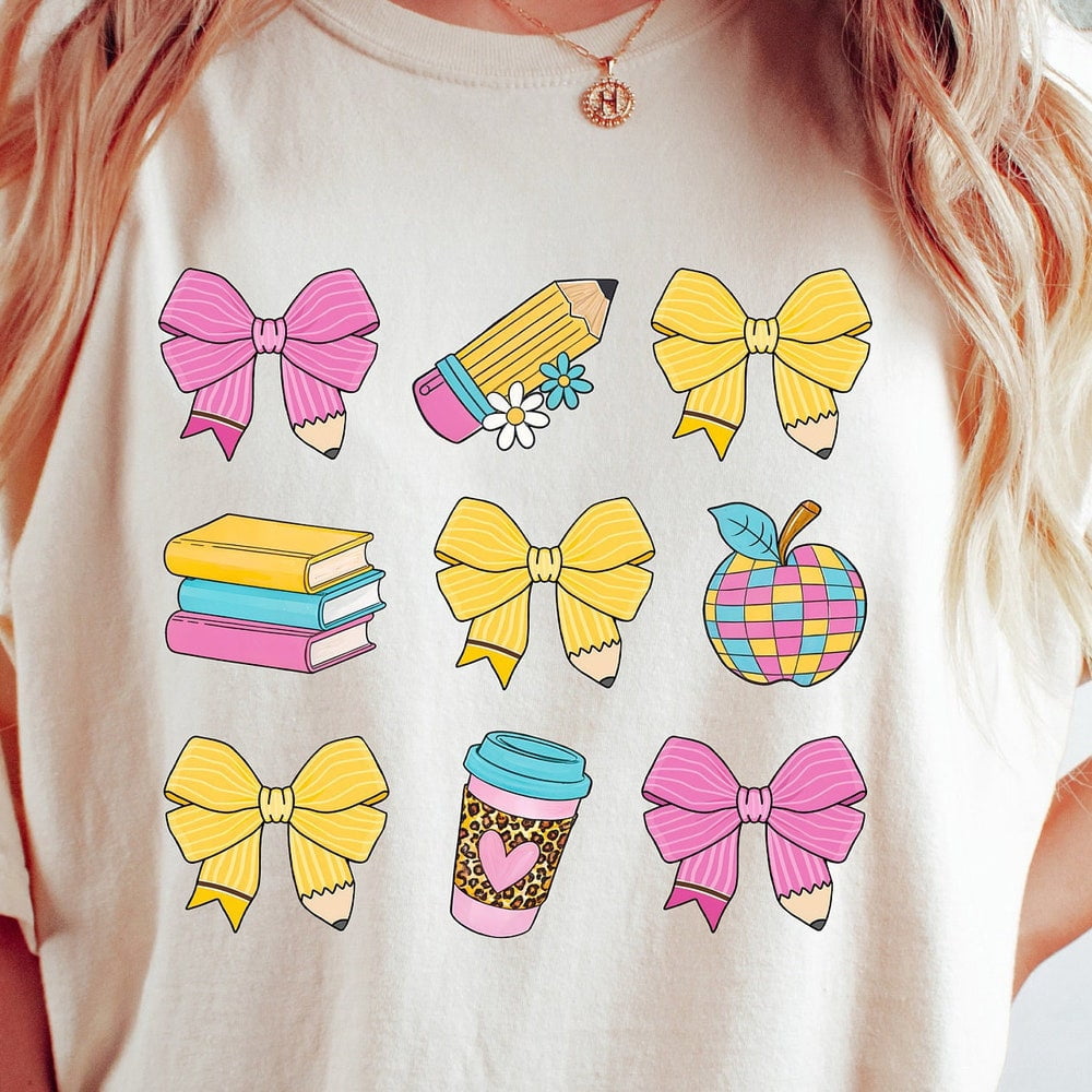 Apple Pencil Bow Teacher Shirt, Teacher Back To School Shirt, Coquette ...