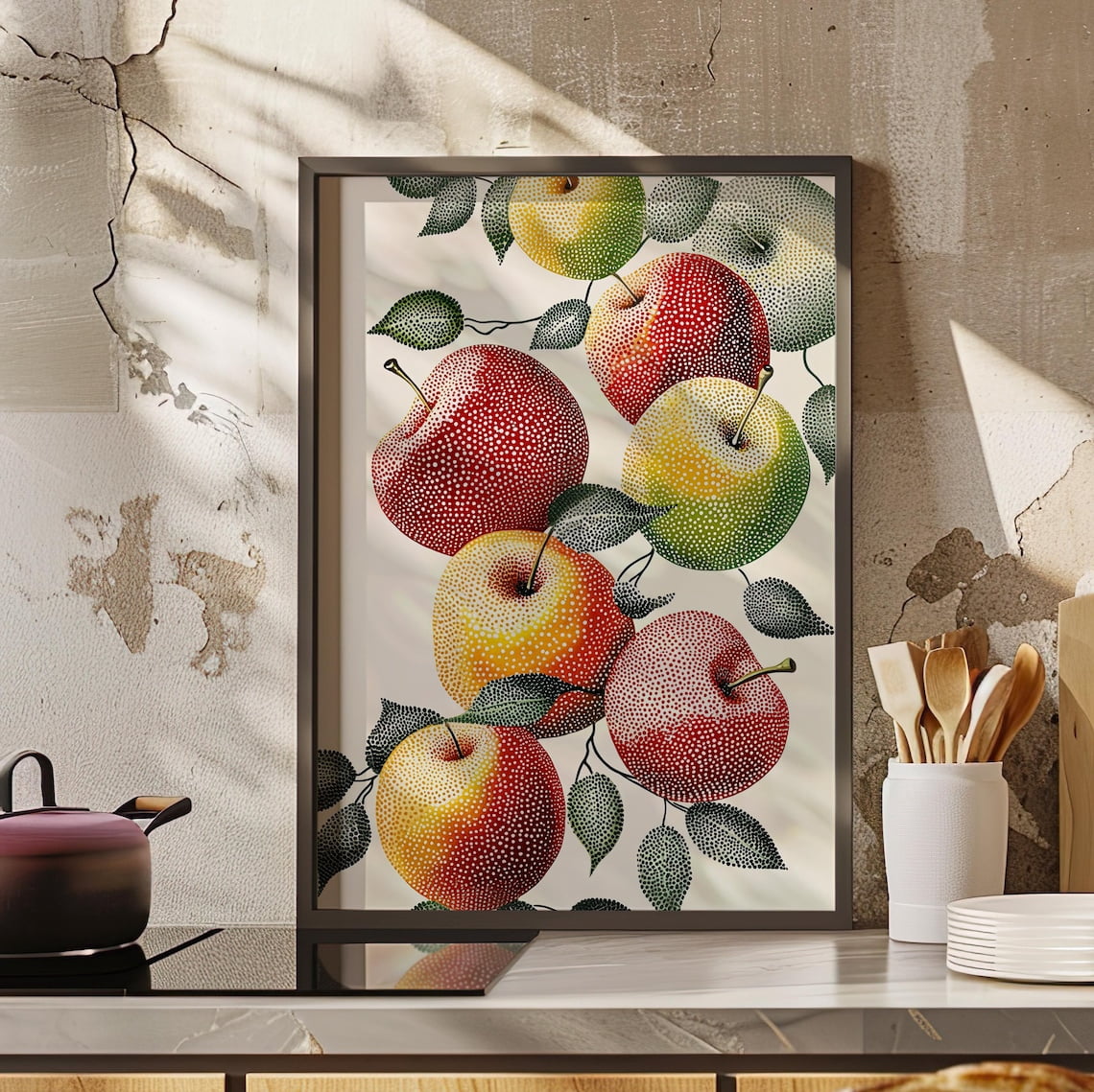 Apple Pointillism Still Life Wall Art Fruit Kitchen Decor, Unframed ...