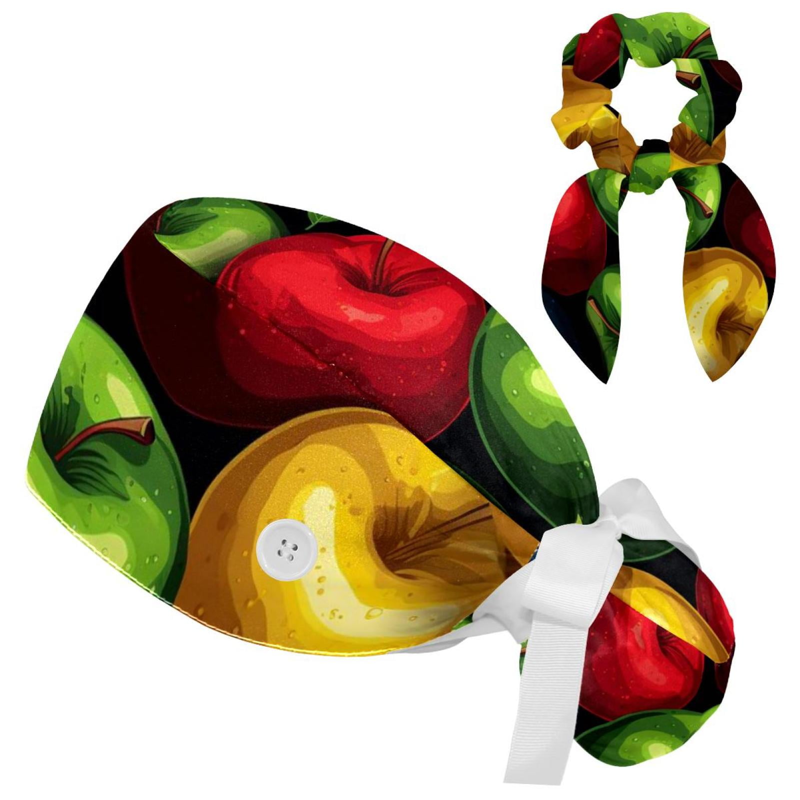 Apple Scrub Cap with Scrunchy and Buttons for Long Hair, Adjustable ...