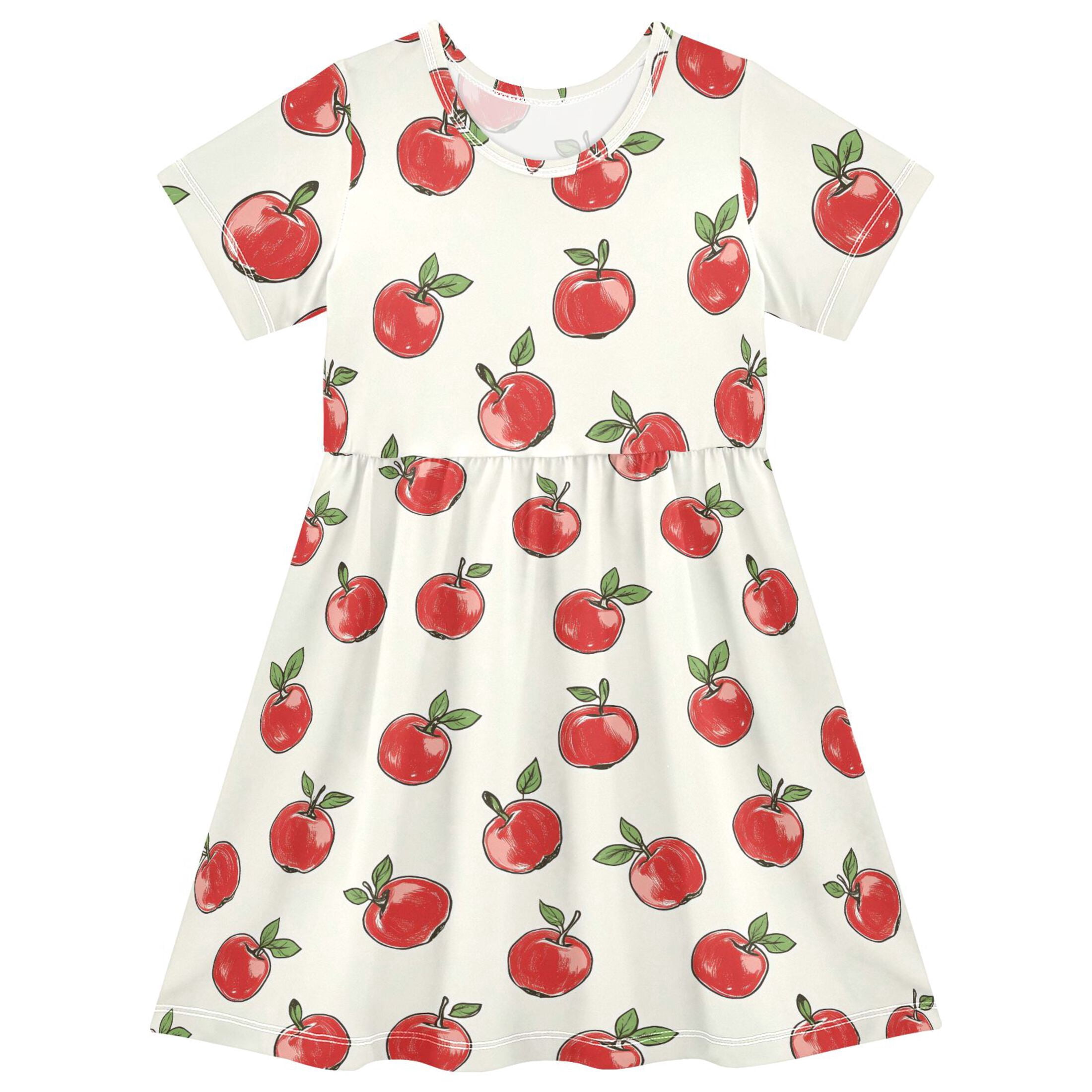 Apple Short Sleeve Dress A-Line Cute Midi Casual Sundress 2-8 Years ...