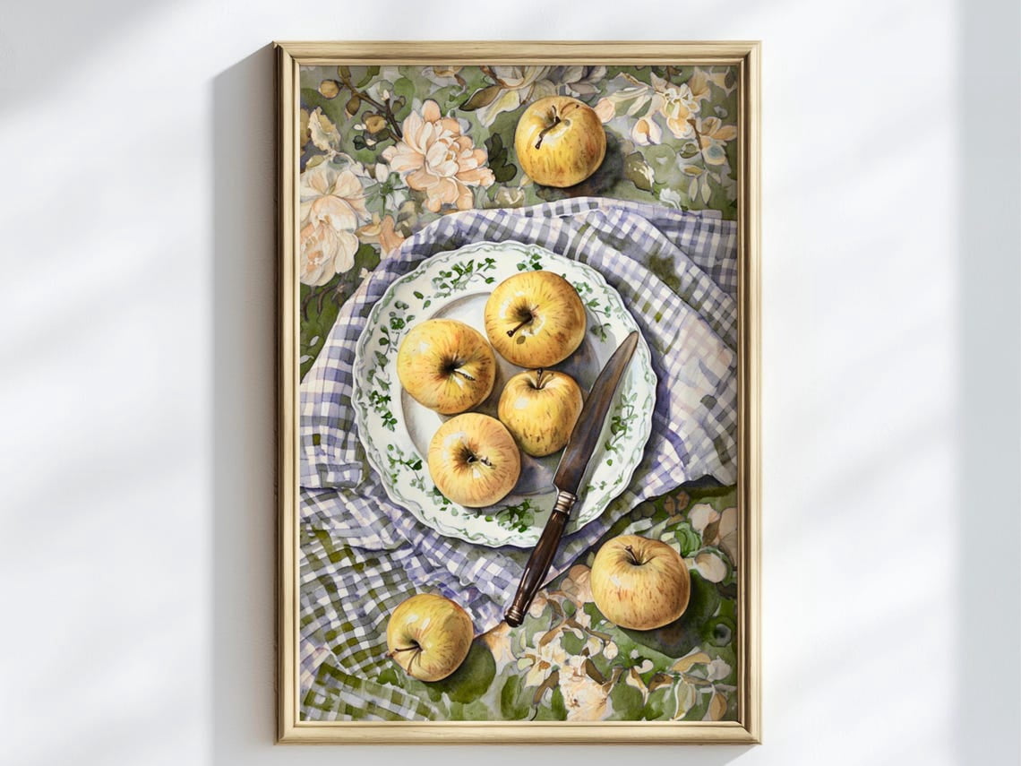 Apple Still Life Cozy Kitchen Gingham Floral Country Cottage Dining ...