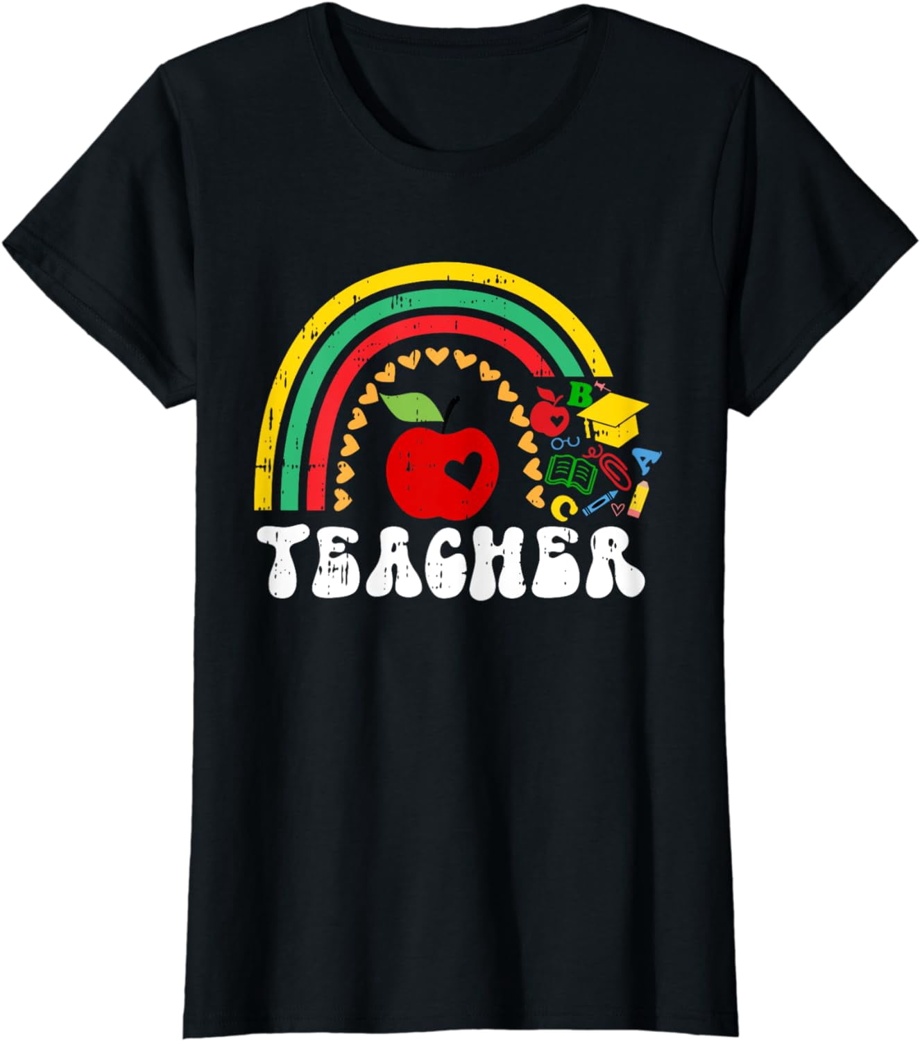 Apple Teacher Mothers Day Retro Rainbow Heart Mom Momma T-Shirt ...