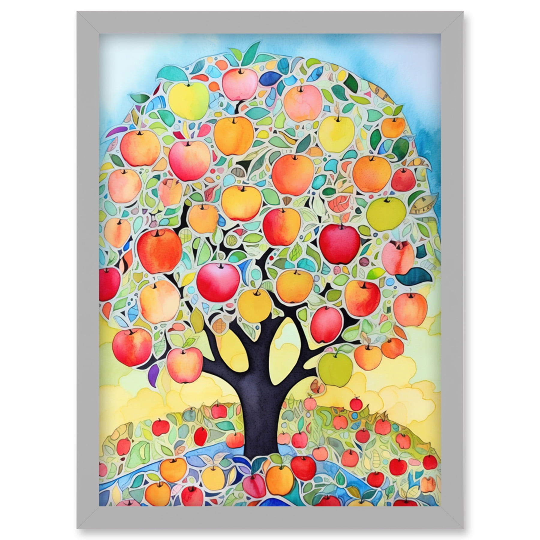 Apple Tree Fruit Harvest Day Folk Art Bright Watercolour Painting ...