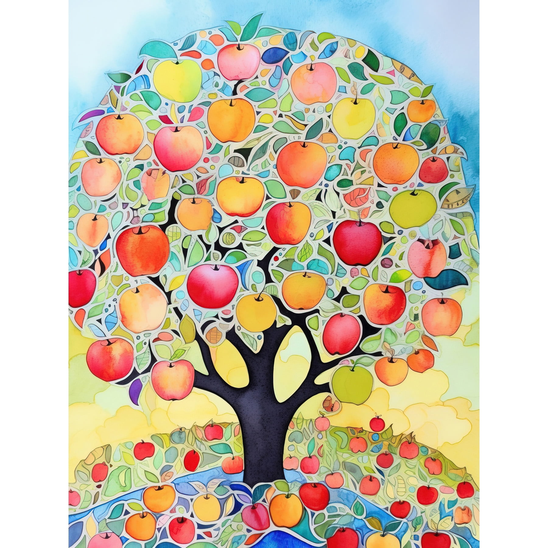 Apple Tree Fruit Harvest Day Folk Art Bright Watercolour Painting Extra ...