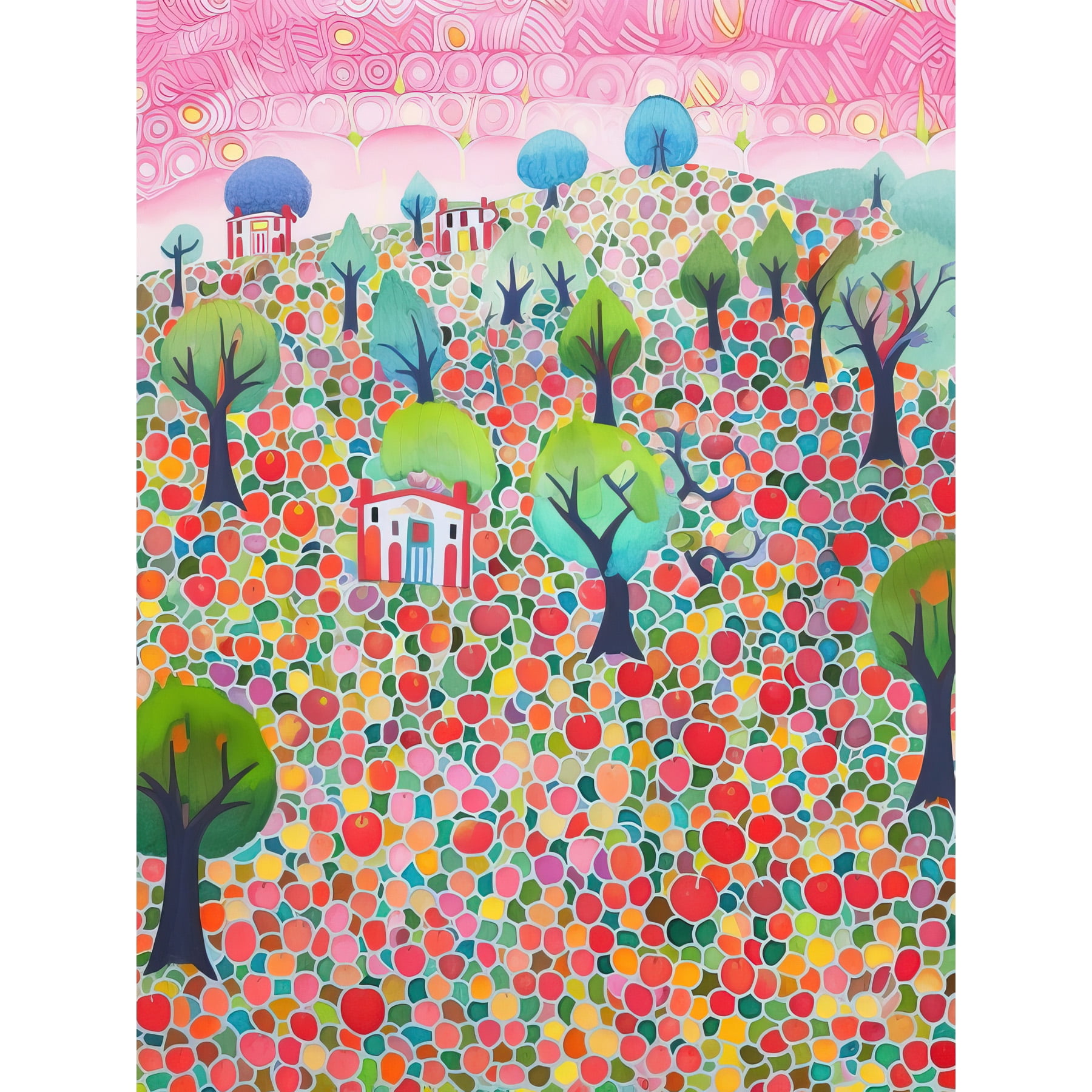 Apple Tree Orchard Fields at Sunset Folk Art Watercolour Painting Extra ...