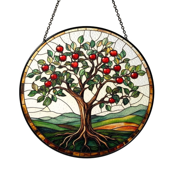 Apple Tree Orchard Stained Glass Window Suncatcher, Round Fruit Scene ...