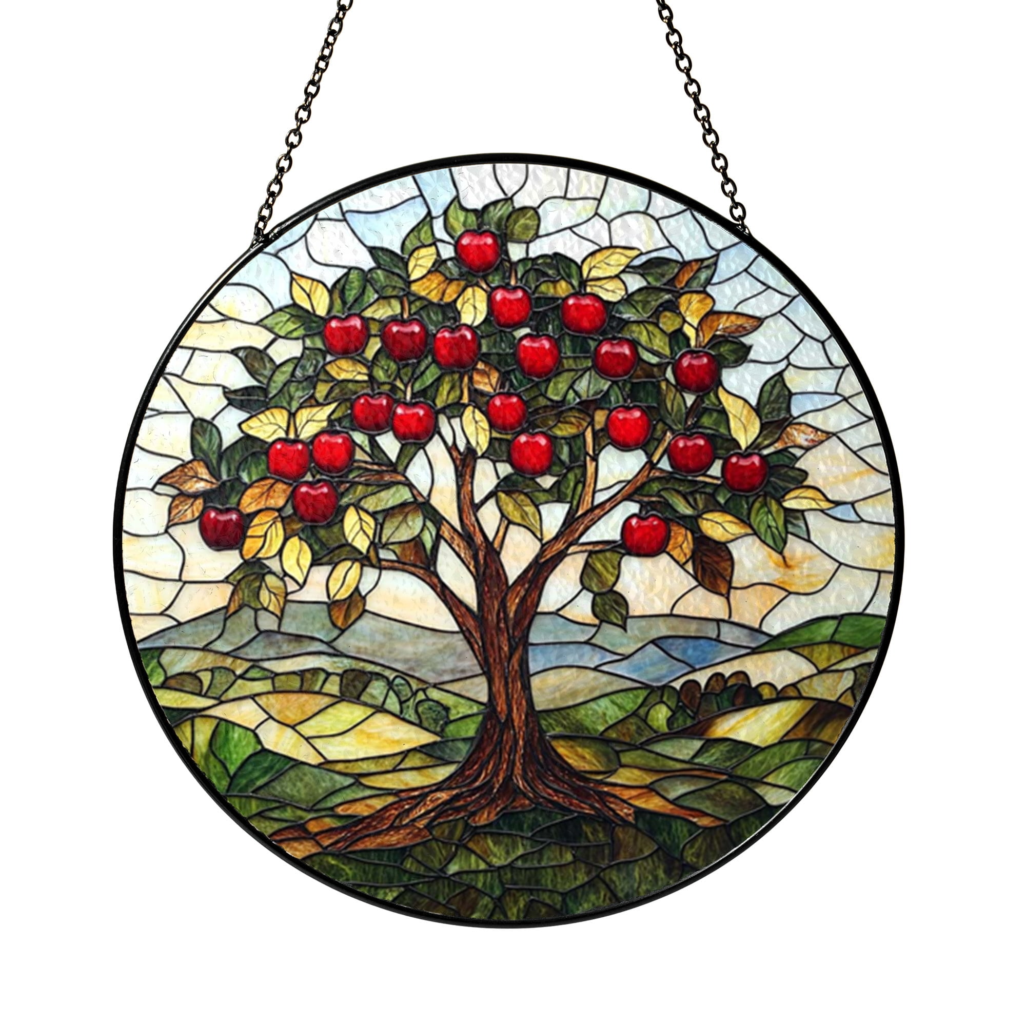 Apple Tree Scene Round Suncatcher – Stained Glass Style Nature Window ...