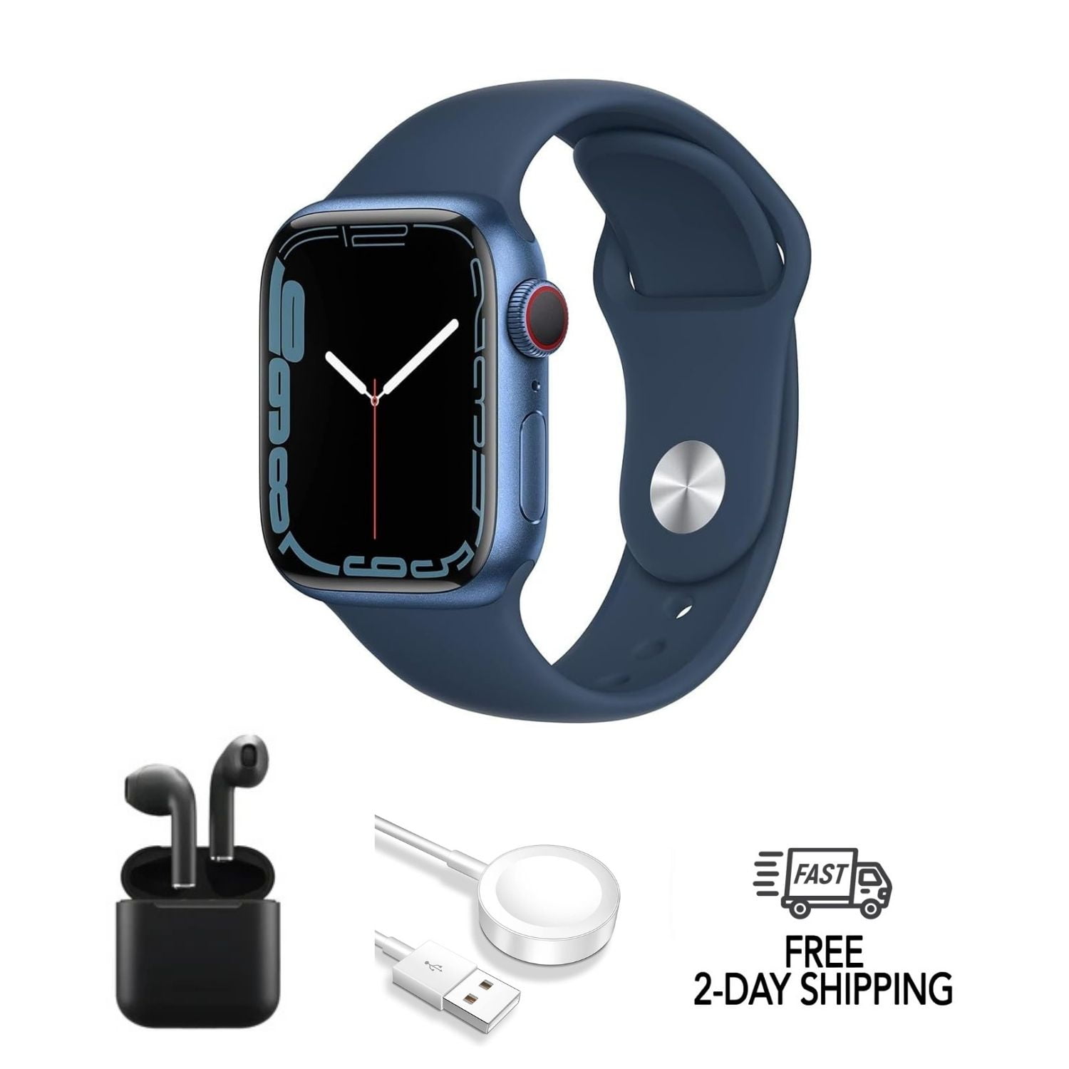Pre-Owned Apple Watch Series 7 Aluminum 41 mm (GPS + Cellular) Blue w/ Wireless Earbuds ...
