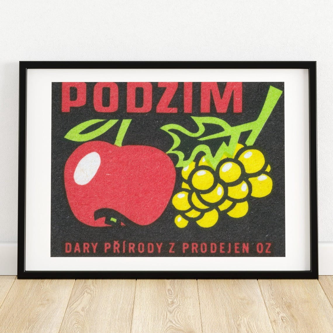 Apple And Yellow Grapes - Matchbox Print - Czech Wall Art - Vintage ...
