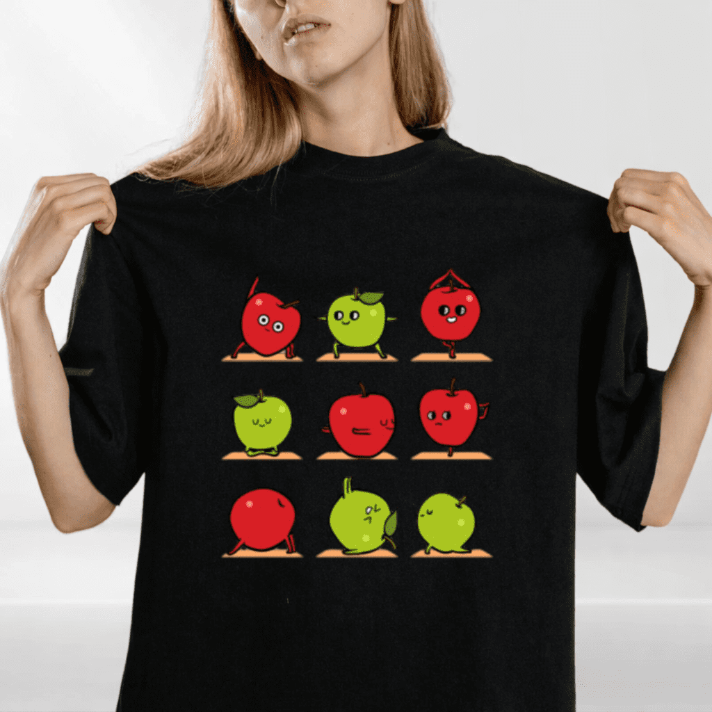 Apple Yoga Funny Fruit Fitness Exercise Pose Graphic Cotton Tee Shirt ...