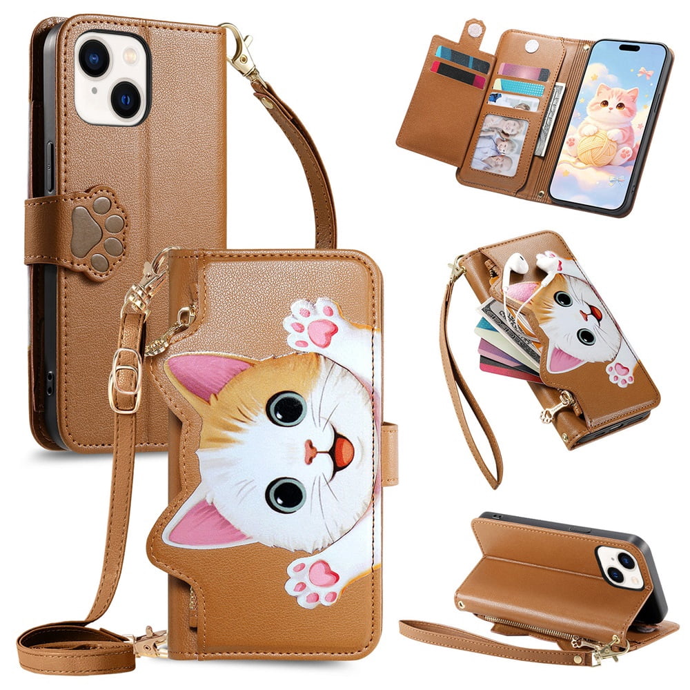For Apple iPhone 15 Plus Case Cat Pattern Buckle Zipper Wallet 5-card ...