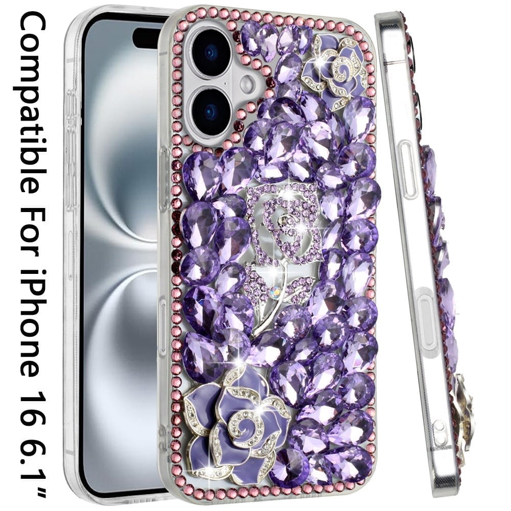 For Apple iPhone 16 (6.1") Flowers Bling Crystal 3D Full Diamonds Pearl ...