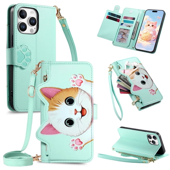 For Apple iPhone 16 Pro Case Cat Pattern Buckle Zipper Wallet 5-card ...