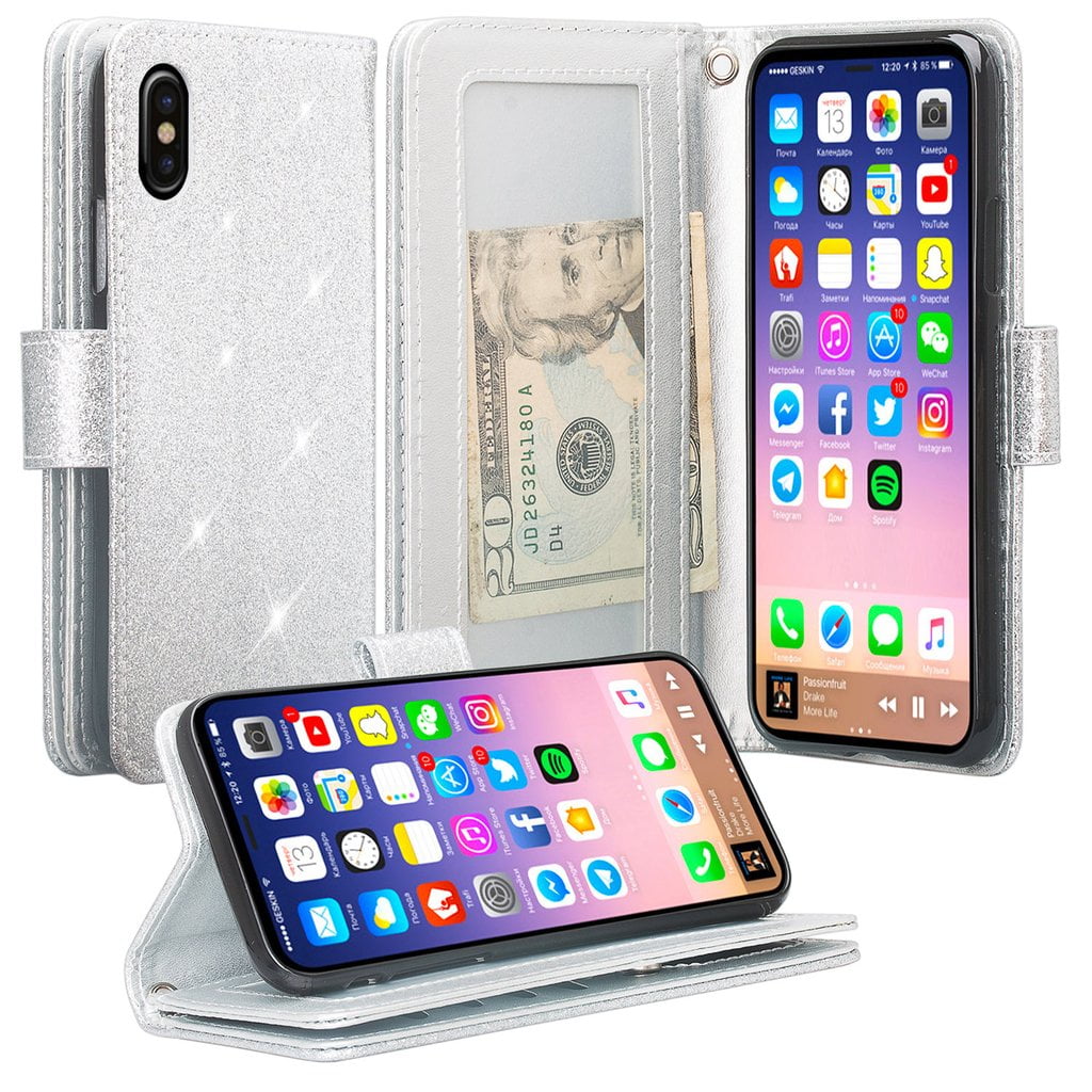 Apple iPhone Xs/iPhone X Case, Leather Wallet Case Kickstand Phone Case ...