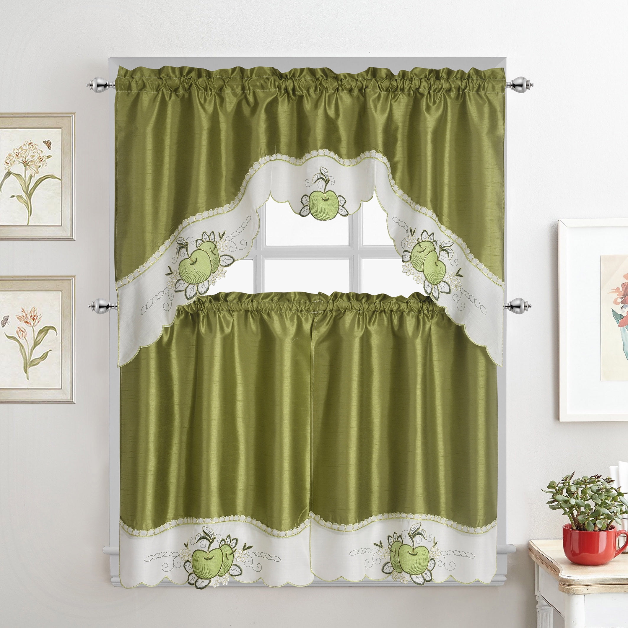 Apples Embroidered 3-Piece Kitchen Curtain Tiers & Swag Set, Green ...