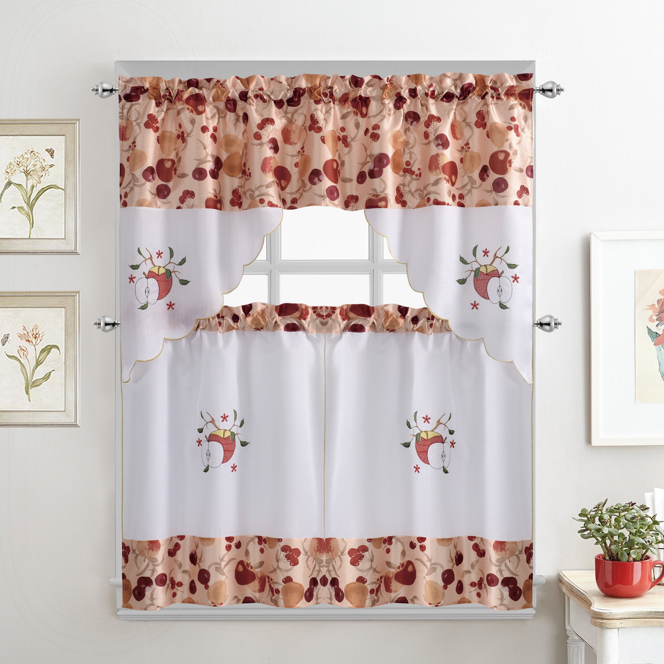 Apples Embroidered 3-Piece Kitchen Curtain Tiers & Swag Set, Orange ...
