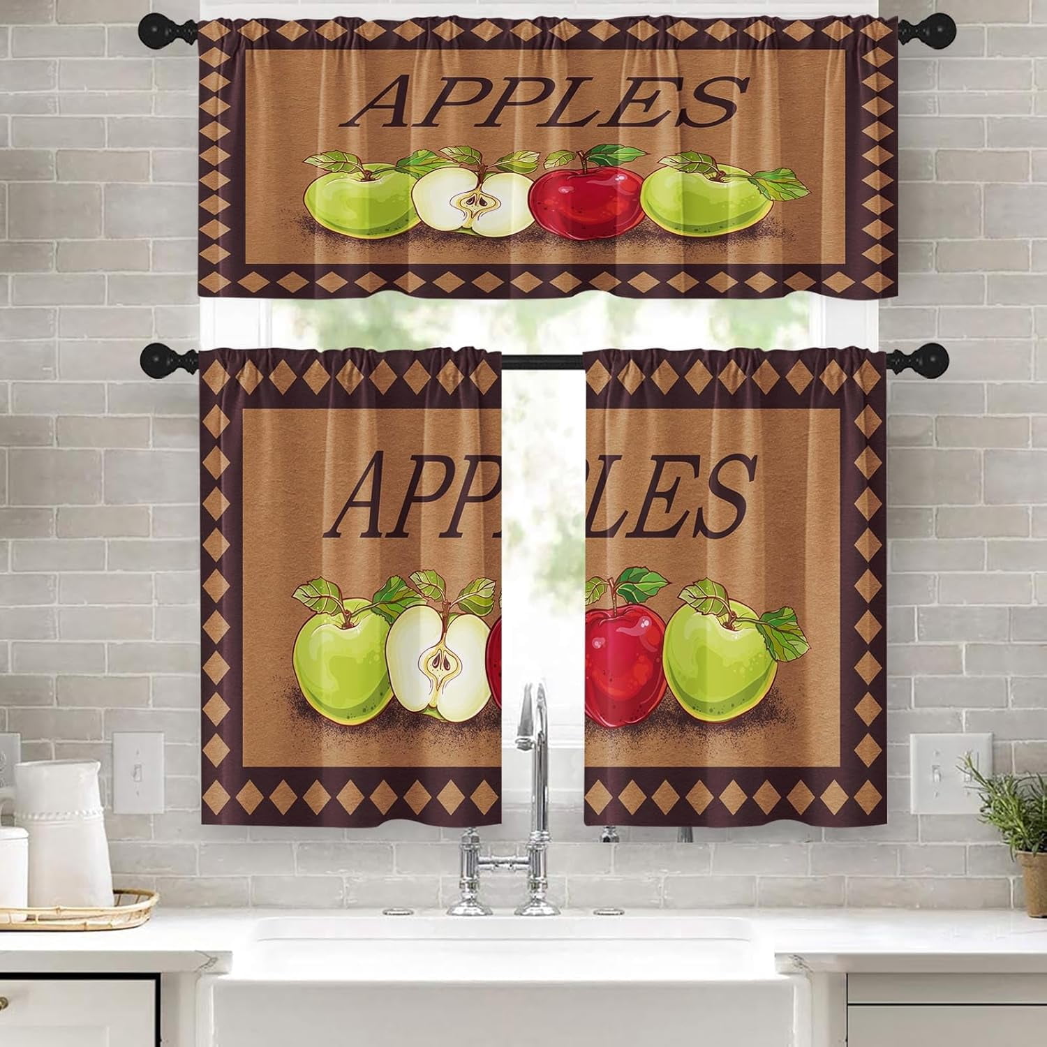 Apples Kitchen Window Curtains Valance and Tier Set 36 Inch Farmhouse ...