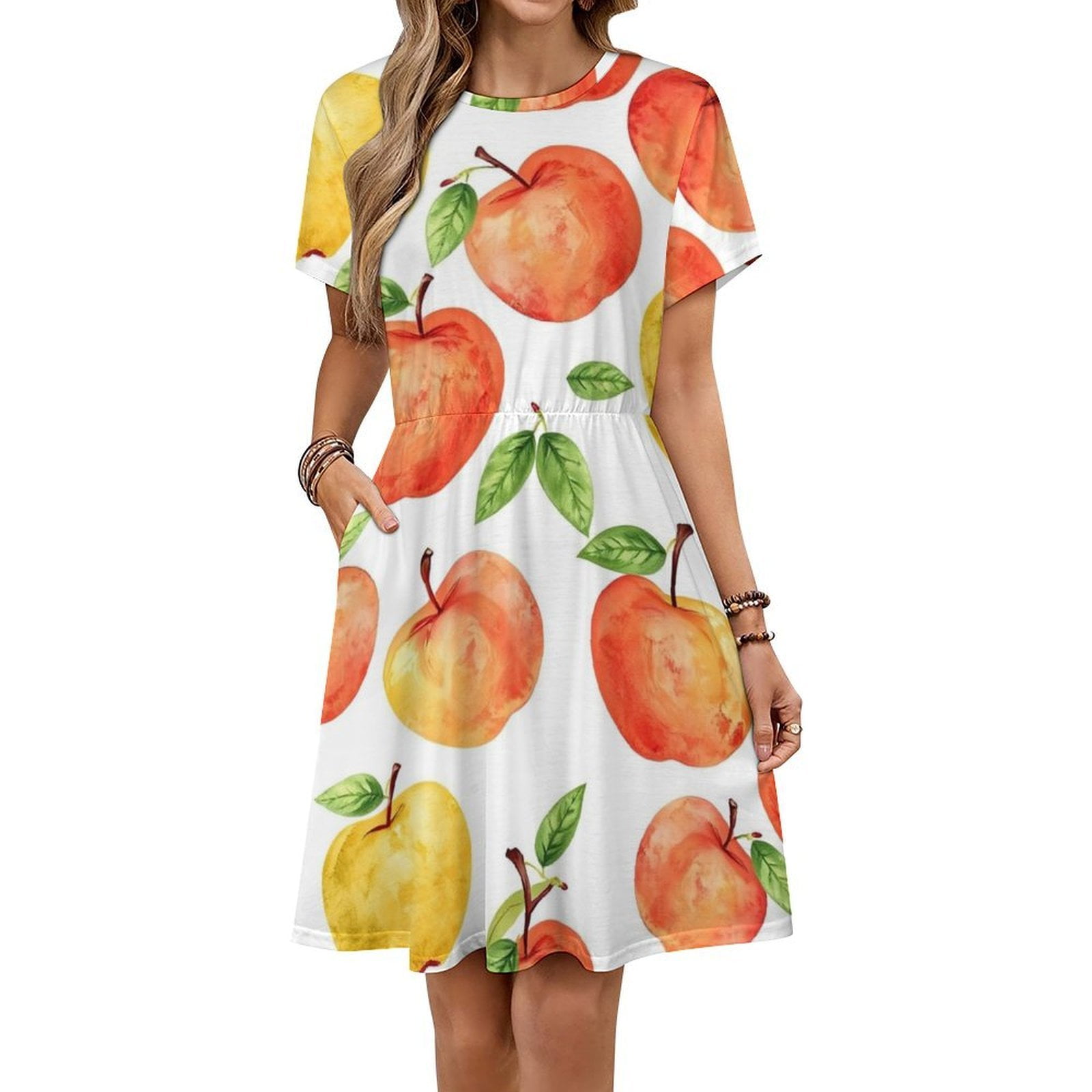 Apples Watercolor Pattern Short Sleeve Dress Women Summer Evening ...