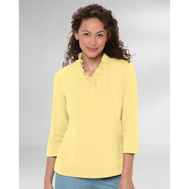 Appleseeds Womens Prima™ Cotton Three-Quarter Sleeve Solid Ruffle-Neck ...