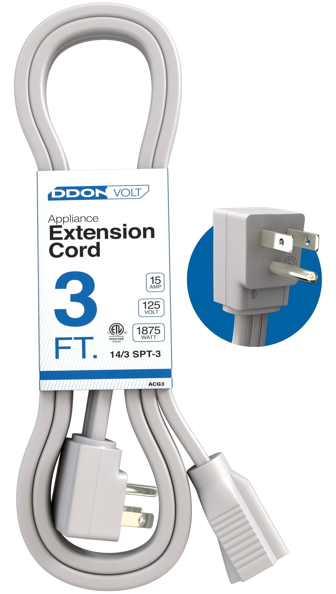 DDON USA 3 ft Heavy Duty Appliance Extension Cord, 14 Gauge, 3-Prong ...