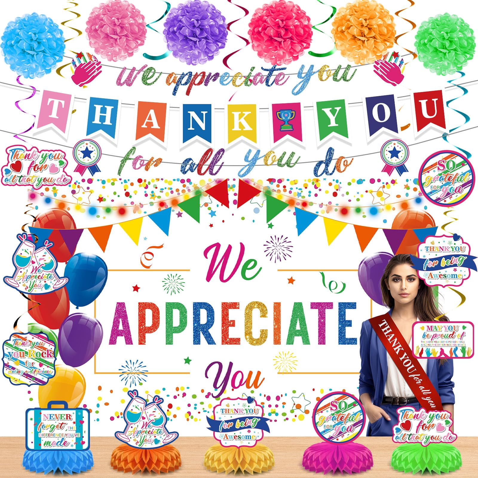 We Appreciate Decorations IFF17 Colorful Thank Do Banner Honeycomb ...