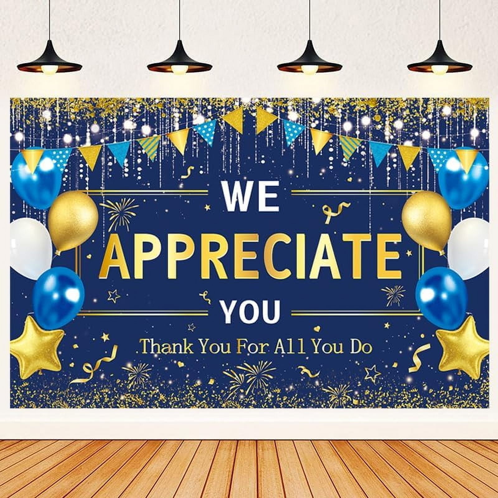 We Appreciate You Backdrop Blue Gold Thank You for All You Do Party ...