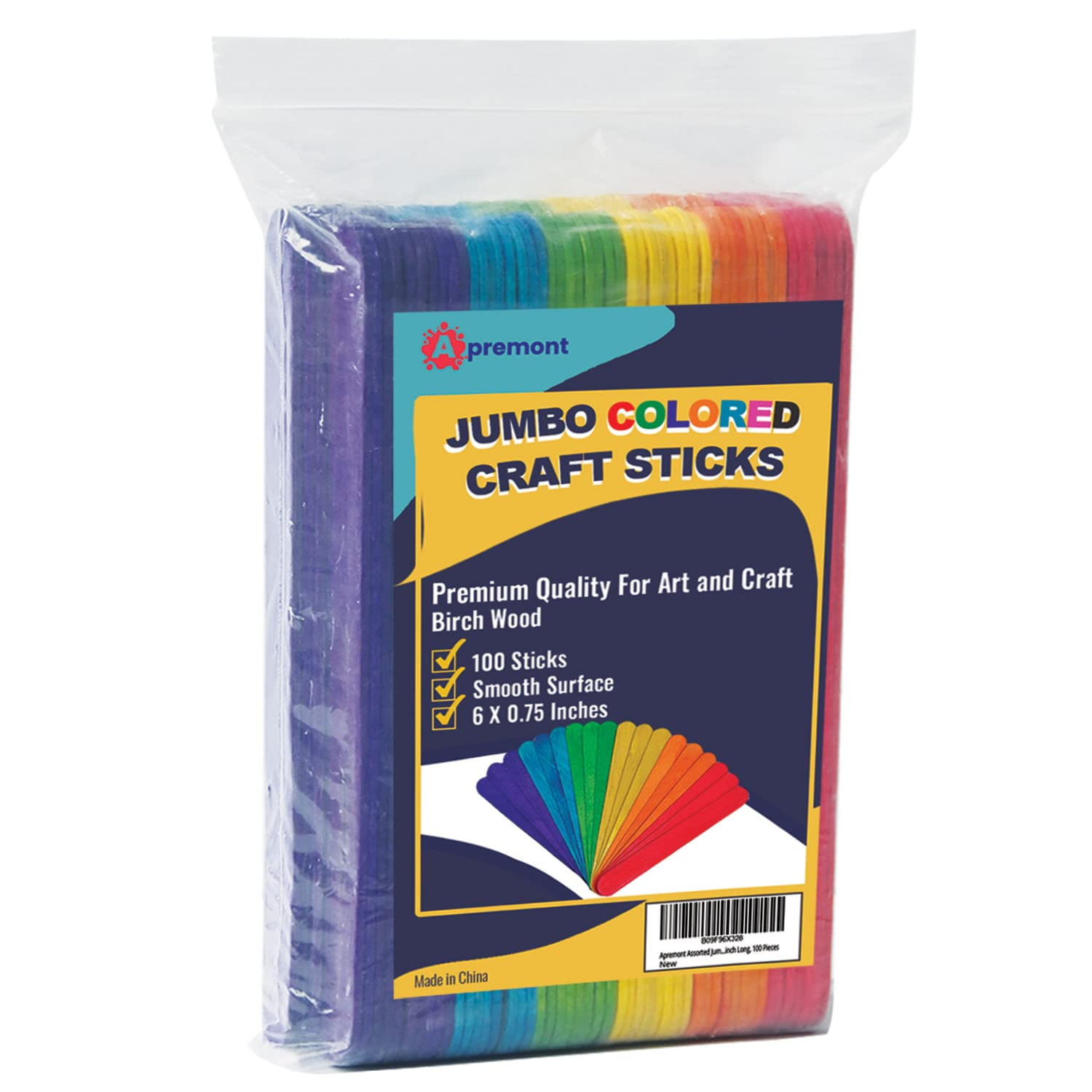 Apremont 100 Pieces Assorted Jumbo Colored Wooden 6 Inches Long Craft ...
