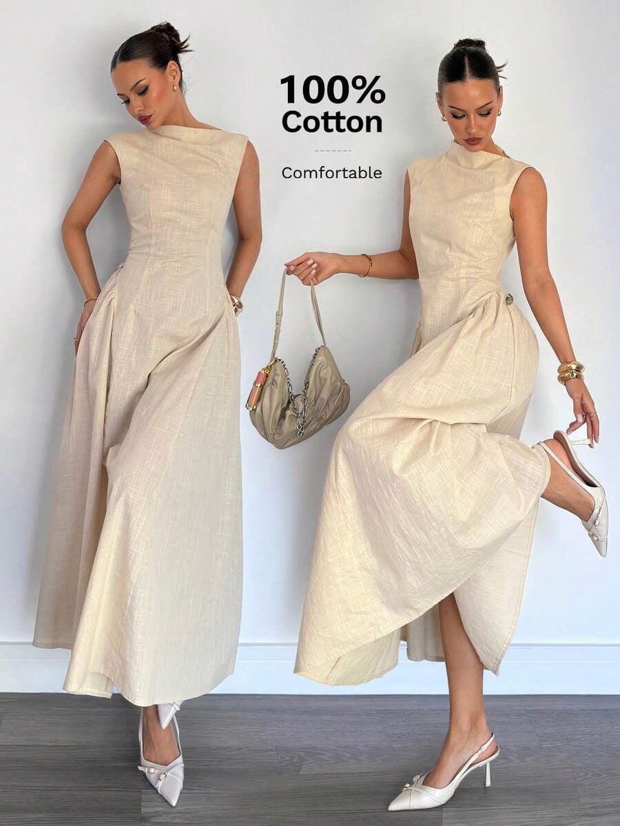 Apricot 100% Cotton Elegant Sleeveless High-Neck Maxi Dress For Formal ...