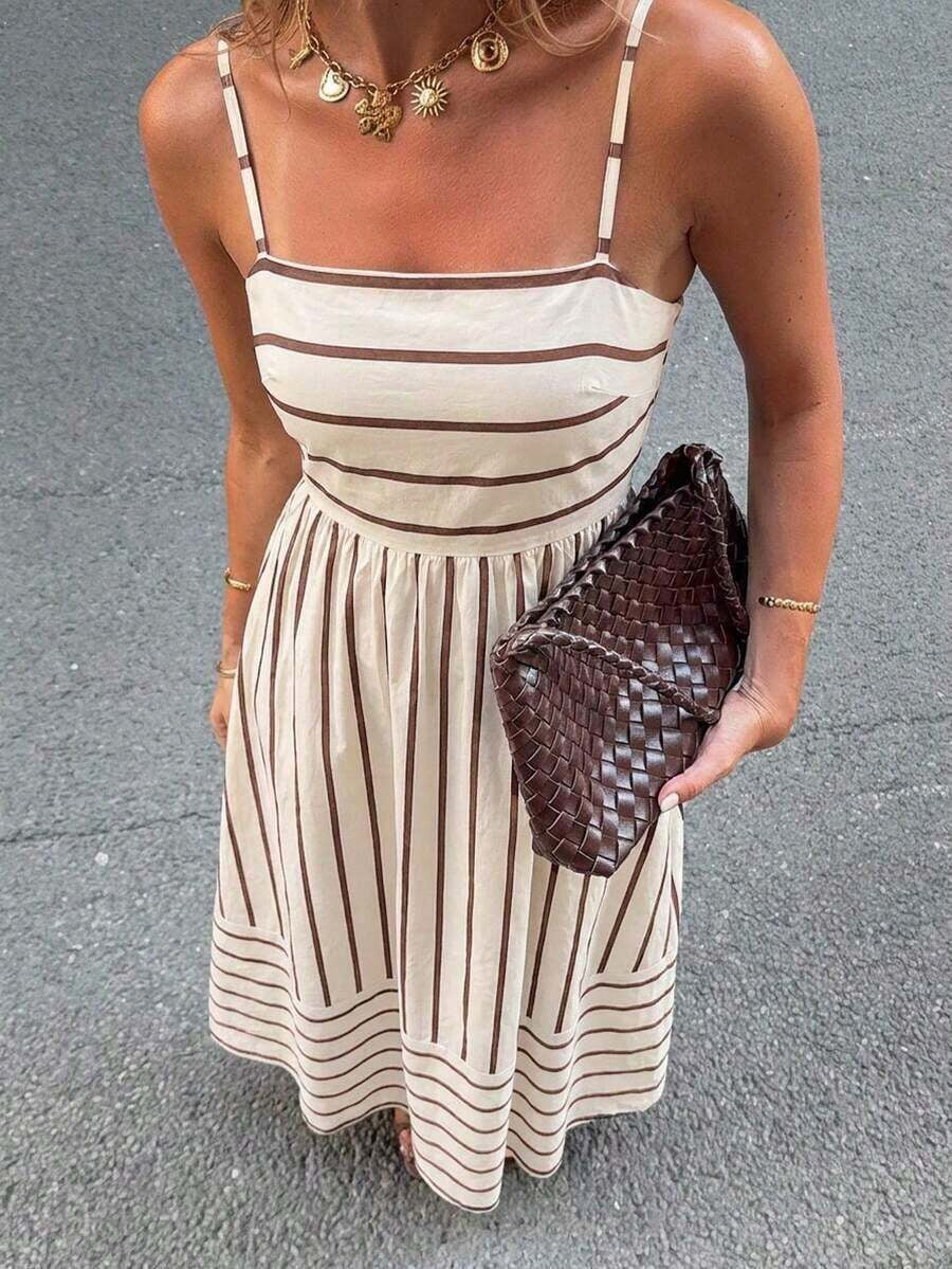 Apricot 3 Striped Spaghetti Strap Square Neck A-Line Maxi Dress For ...
