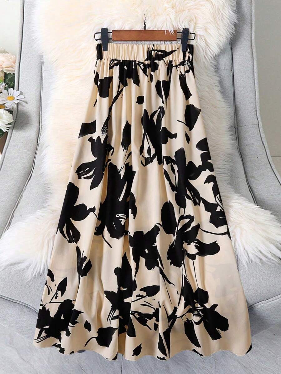 Apricot Abstract Floral Mid-Length Elastic Waist Flowy Casual Skirt For ...
