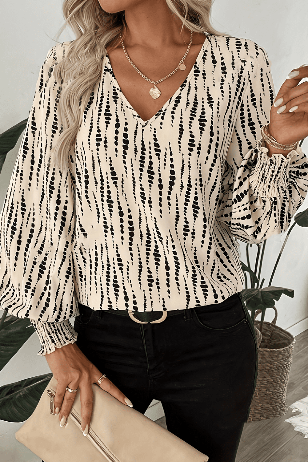 Apricot Abstract Print Puff Sleeve Smocked Cuffs Blouse - Walmart.com