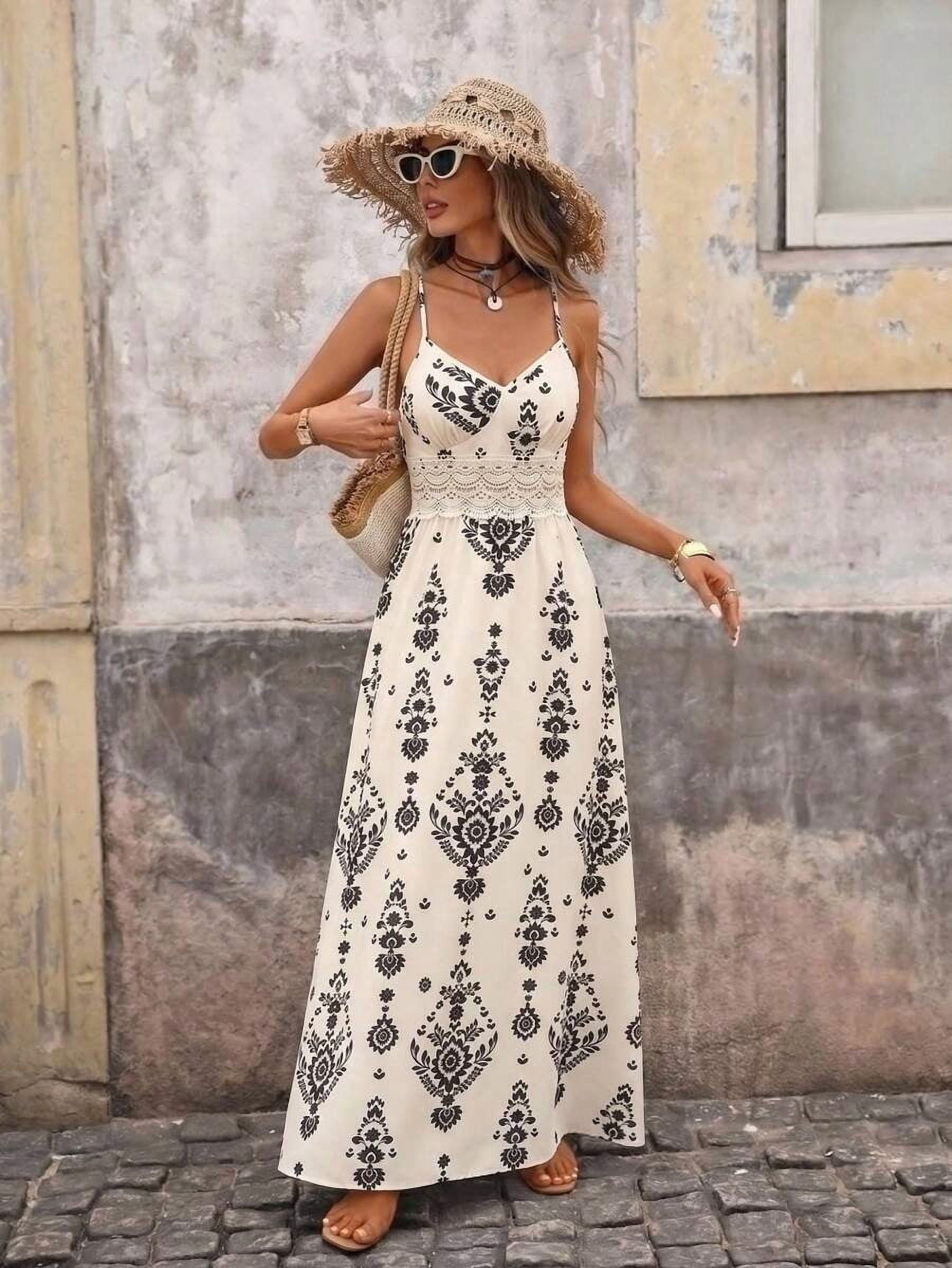 Apricot All-Over Floral Lace Spaghetti Strap Maxi Dress Boho Summer ...