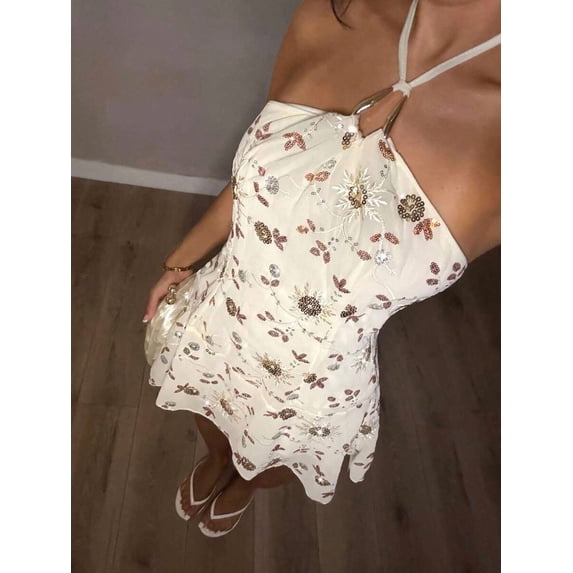 Apricot Beaded Floral Halter Mini Dress With Asymmetric Hem And ...